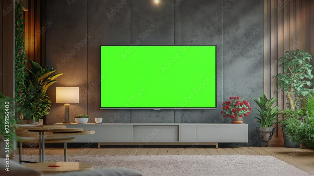 Television with green screen close up. Chroma key on tv set in modern ...