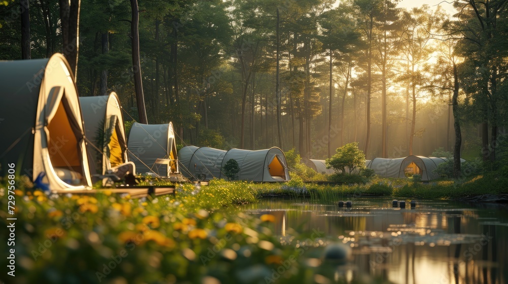 Tents at amazing camping site in the forest near the lake. Camping ...
