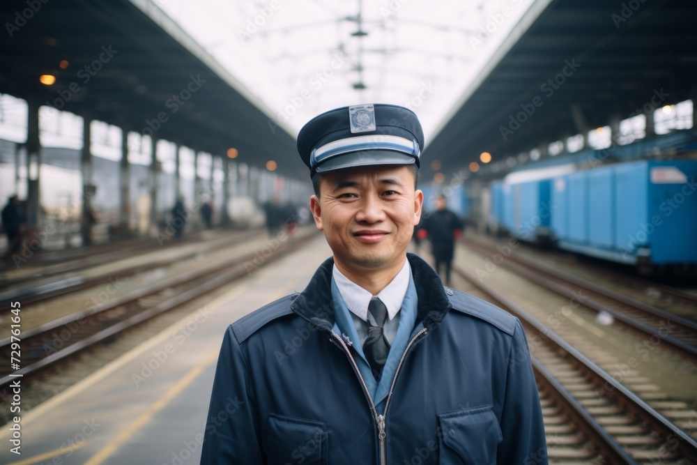 A seasoned conductor in a blue uniform, standing tall amidst the ...
