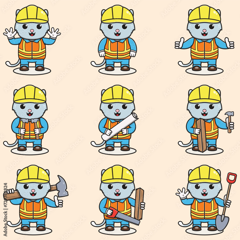 Cute Cat Construction Contractor Illustration. Vector illustration of a ...