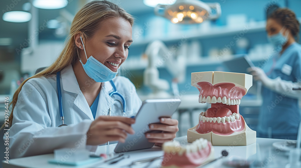 Foto de Dentist sitting at table with molar tooth sample and working ...