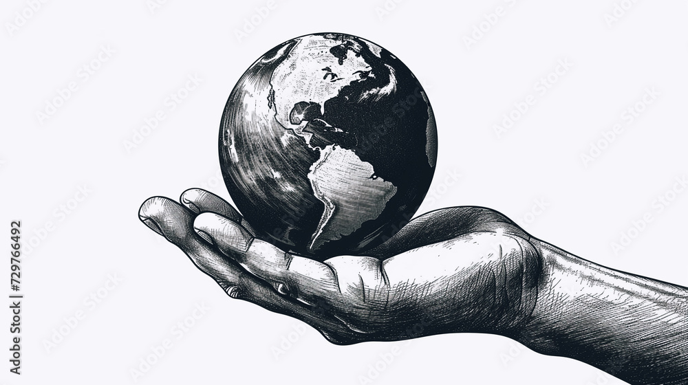 Hand holding globe - iconic illustration - fragile planet earth ...