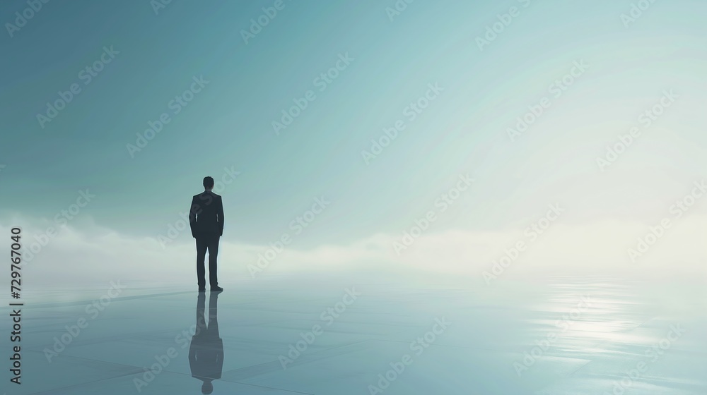 man standing large floor middle ocean web design reflective mysterious ...