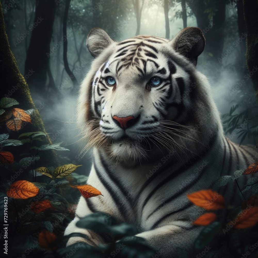 A majestic white tiger amidst a dark, forested environment. The tiger ...