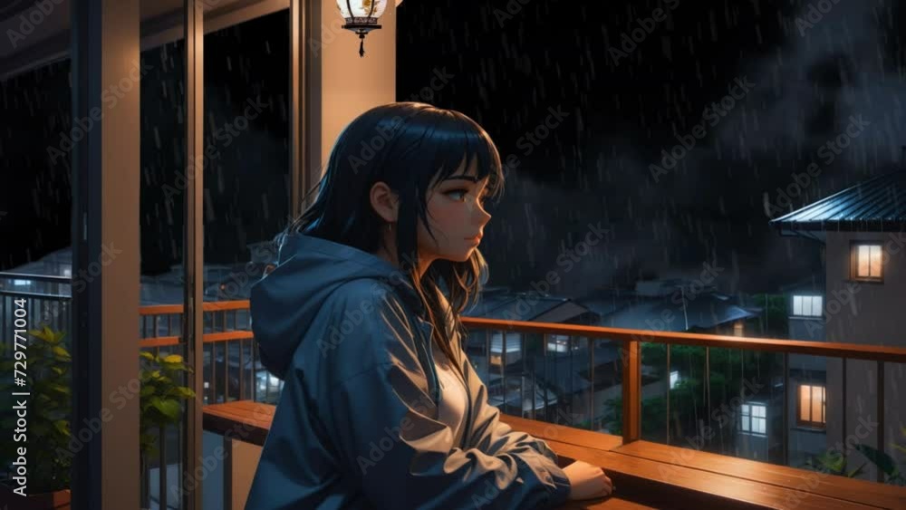 Anime Girl, Nighttime Solitude, Stormy Rain, Window View, Rainy Night ...