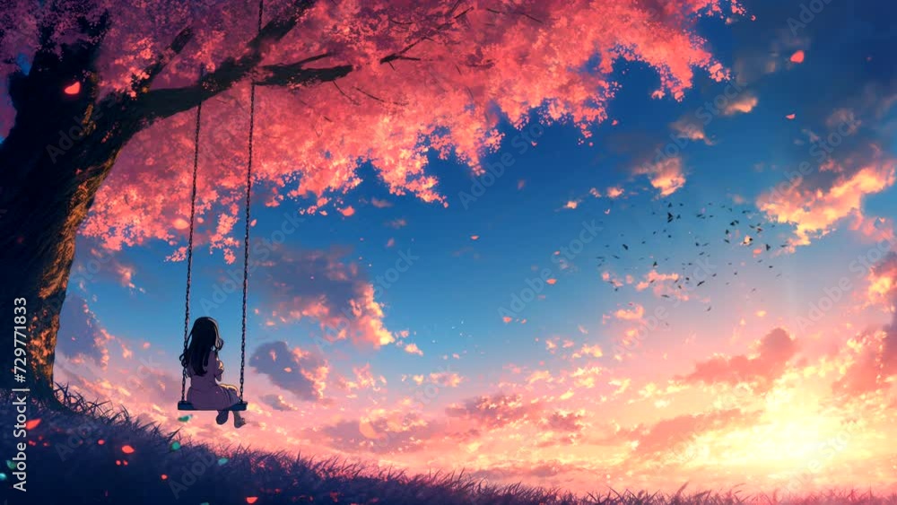 Lofi anime girl, sitting on a tree swing with beautiful spring scenery ...
