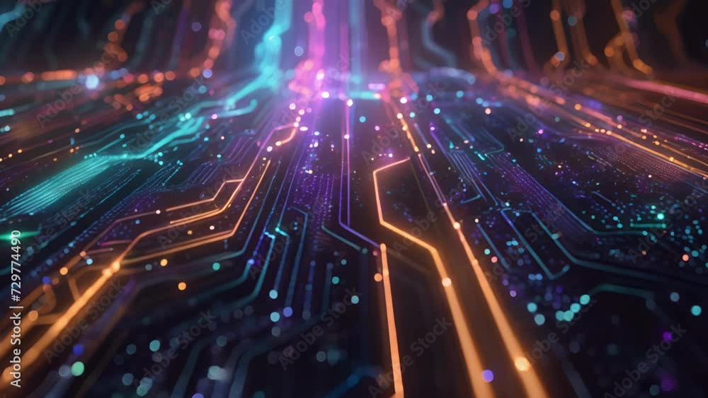 Interwoven lines and pathways of a circuit board converge and diverge ...