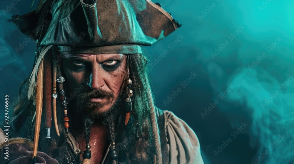 Studio photo of a pirate on a blue background with haze, fog. The ...
