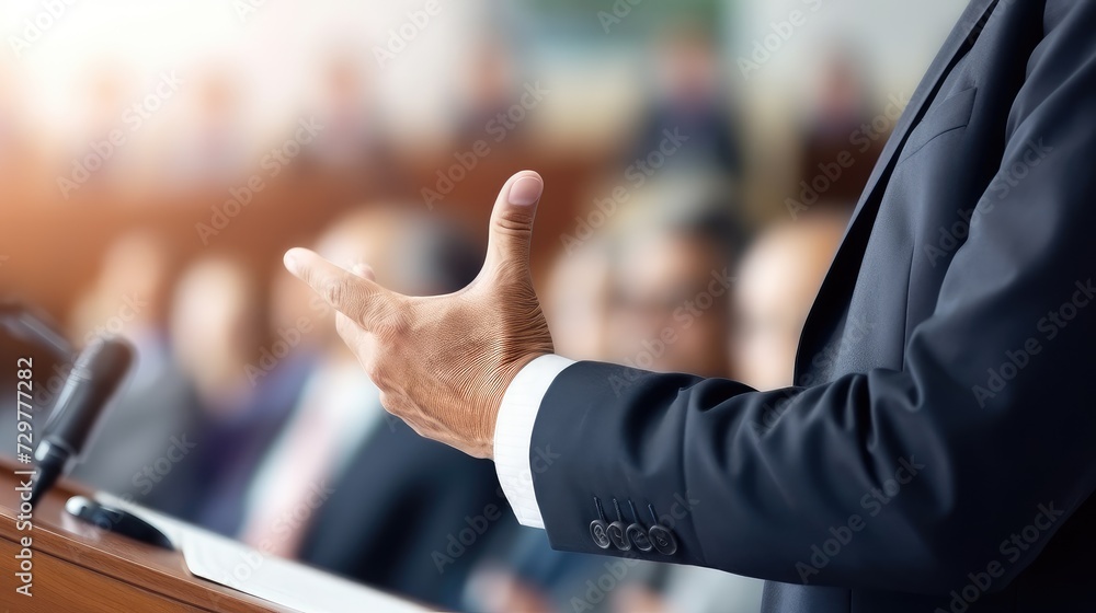 Prosecutor actively gestures, focusing attention on the facts. Hand ...