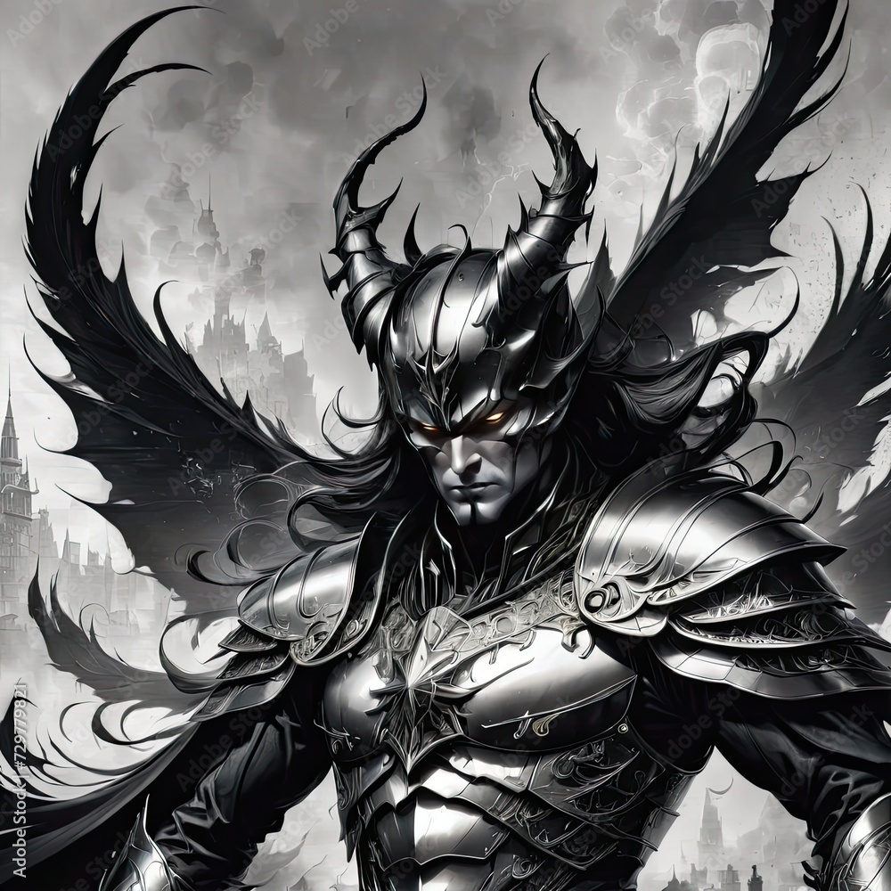 An impressive black-armored knight with menacing black wings stands in ...