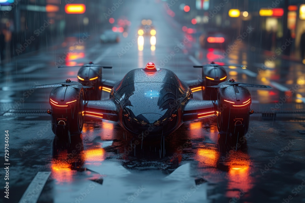 Futuristic EV drone with motion lighting on sky with full self flying system activated for ...