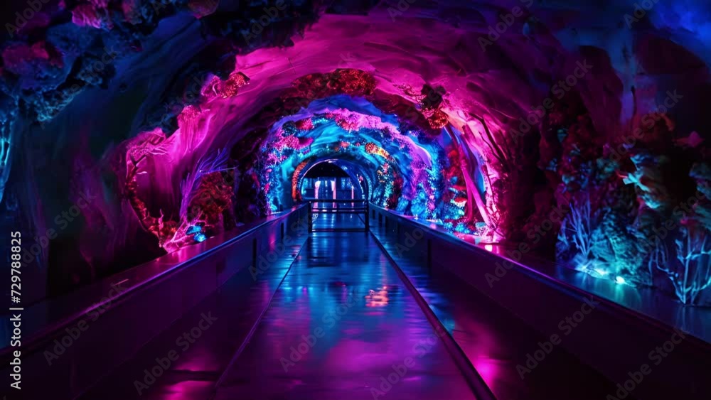 A neonlit water ride takes visitors through tunnels of fluorescent sea ...