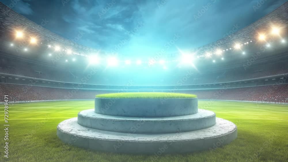 podium in the center of a football stadium, surrounded by rows of empty ...