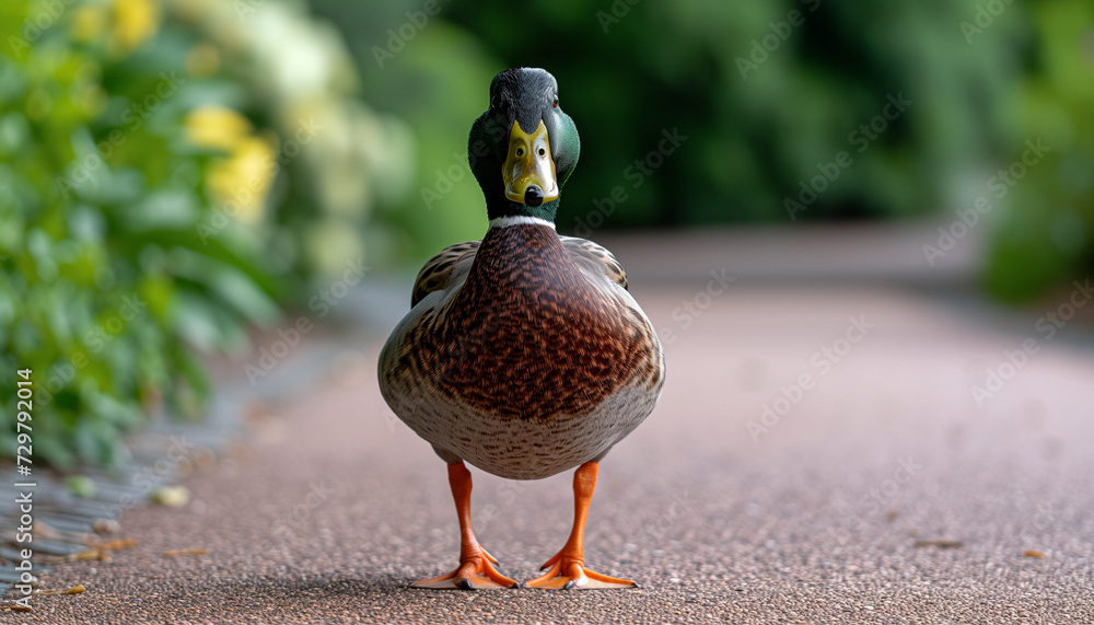 A colorful male mallard duck stands squarely facing the camera on a ...