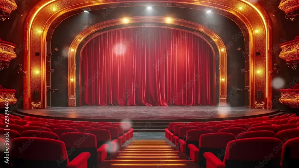 Luxury theater indoor with realistic red rows of seats and chairs with ...
