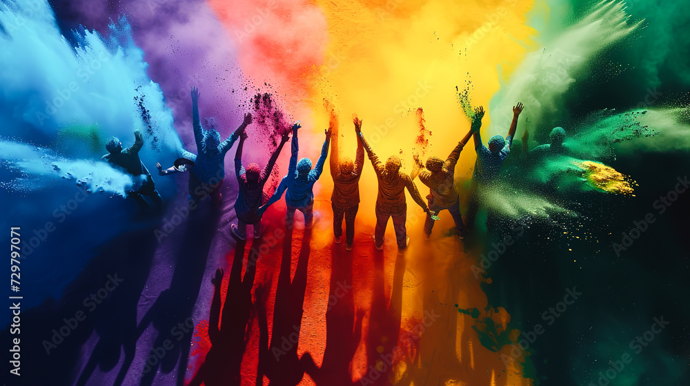 figures forming a human rainbow with each person drenched in different ...