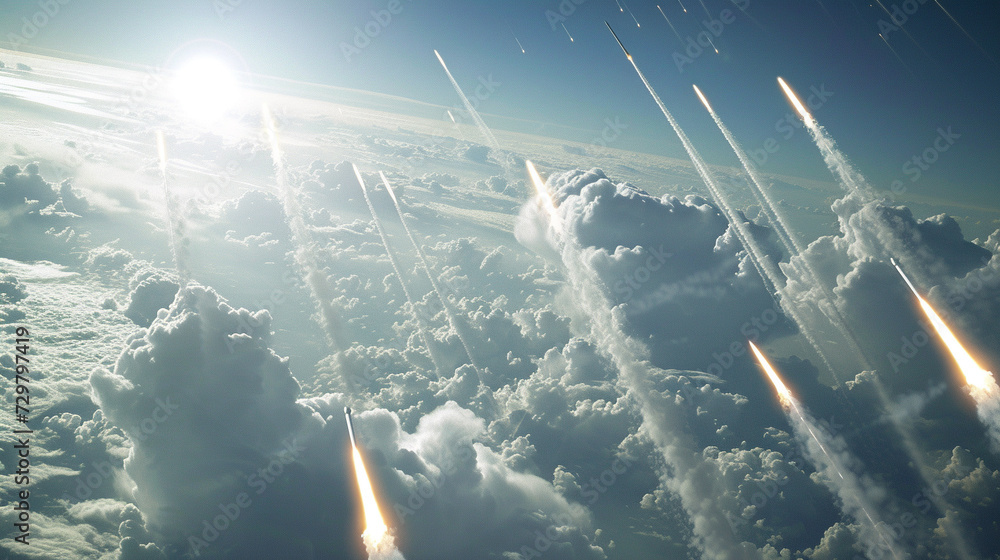 visualize a high-intensity scene of aerial combat, where the sky is a ...