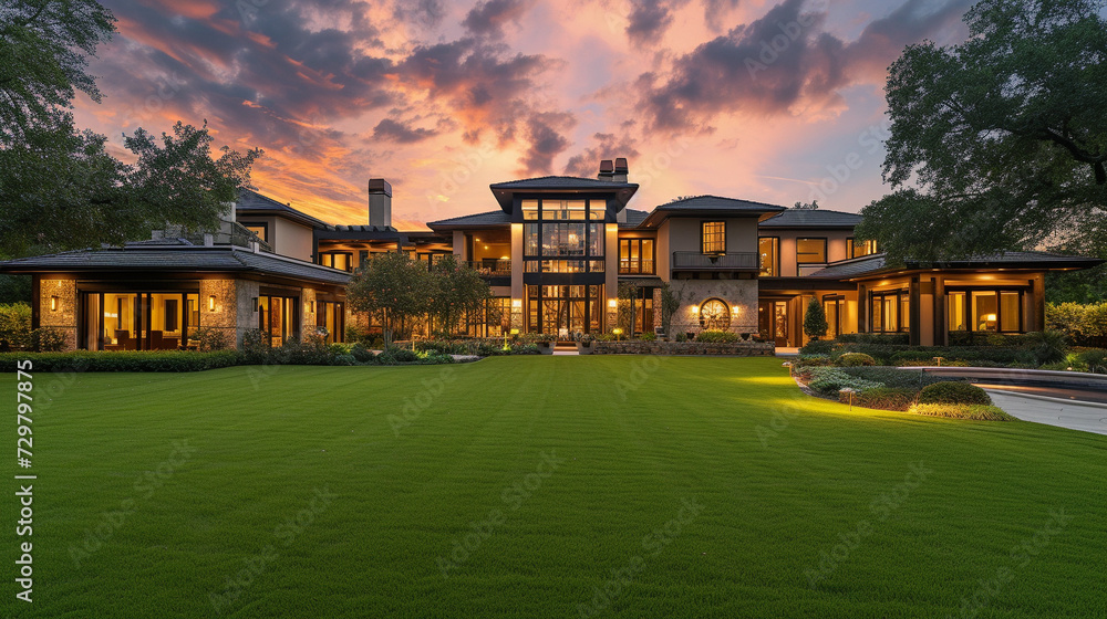 An expansive estate with a grand entrance, a sprawling lawn, and a ...