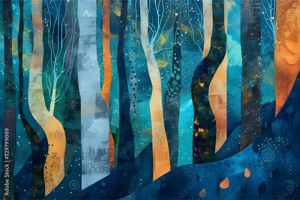 Modern abstract interpretation of a forest, with textured layers and ...