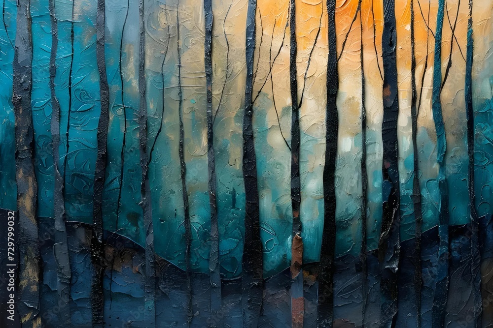Modern abstract interpretation of a forest, with textured layers and ...
