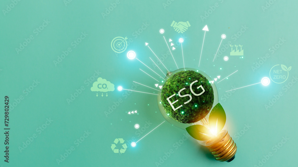 ESG with on lightbulb earth decrease CO2 or carbon dioxide emission, carbon footprint and carbon ...