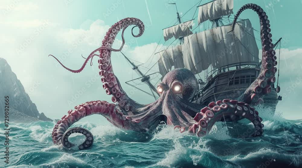Enormous octopus attacks pirate ship in epic sea battle fantasy ...