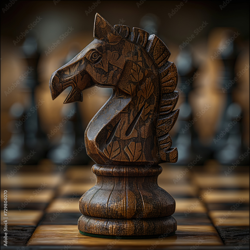 A close-up view of a knight chess piece, detailed and majestic, in the ...