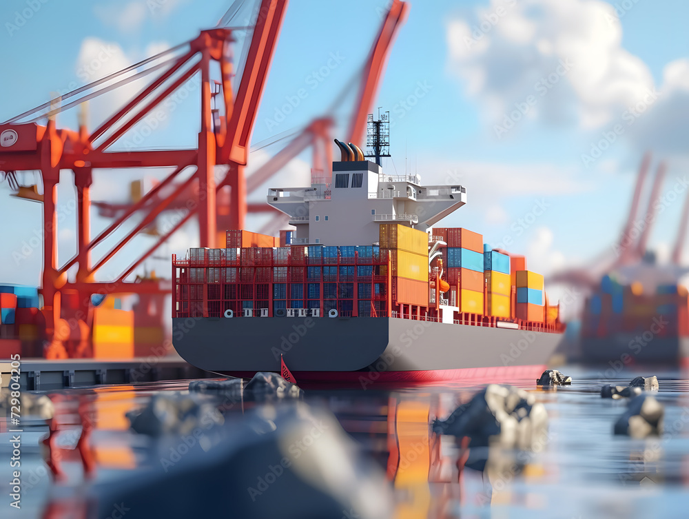 Large container cargo ship is loading goods at a commercial port ...