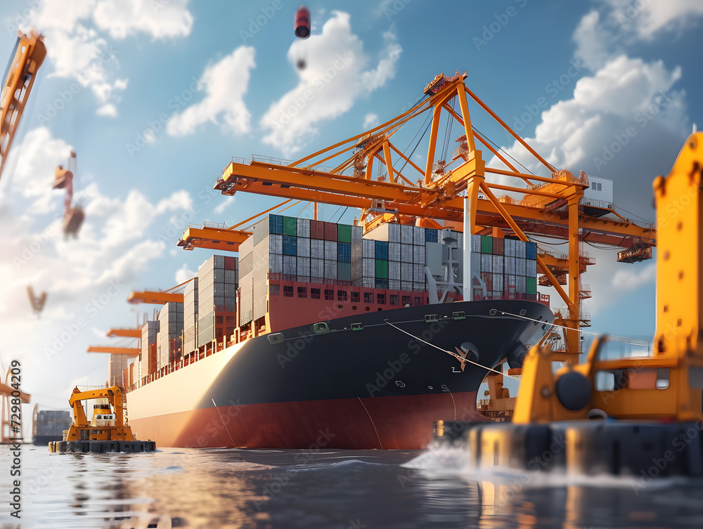 Large container cargo ship is loading goods at a commercial port ...