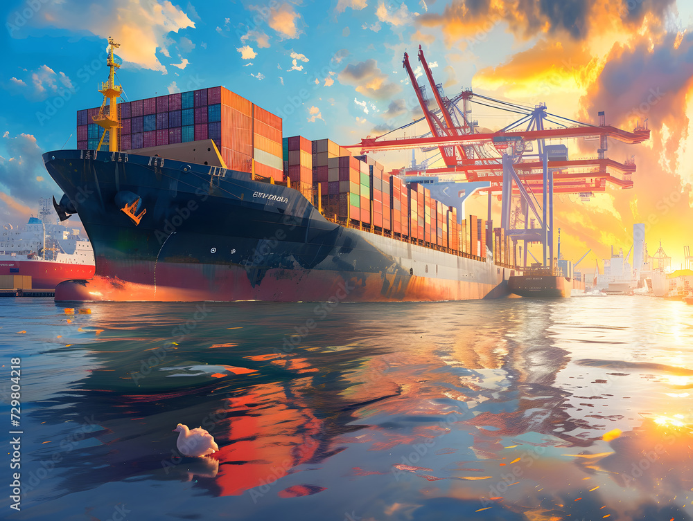 Large container cargo ship is loading goods at a commercial port ...