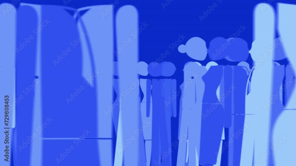 Busy, people and animation of walking to office in city on blue ...