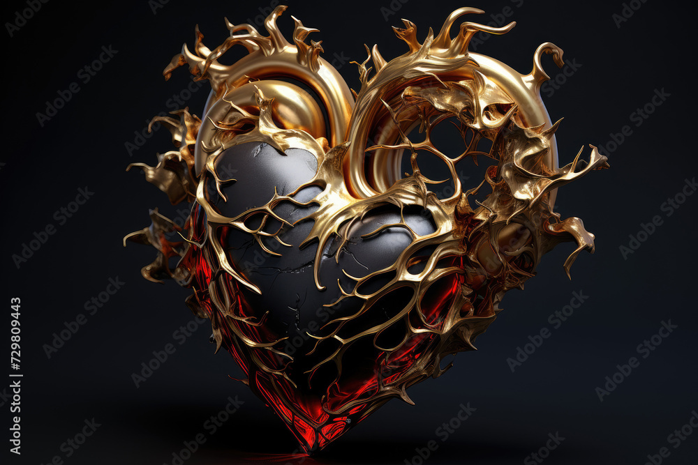 Art 3d model of cardiac organ on black background .Gold anatomical ...