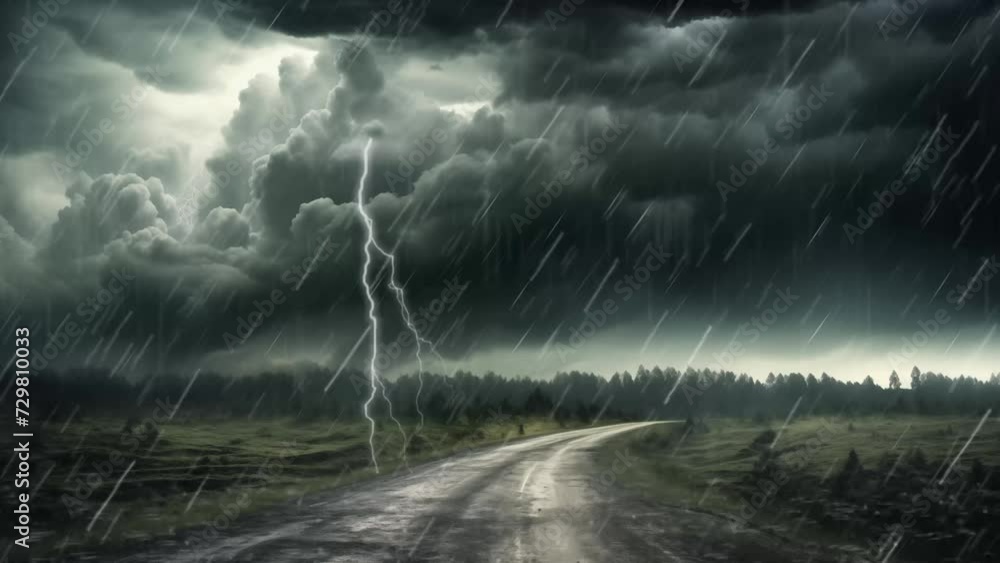 raining storm on the road. storm clouds lapse. dark night road through ...