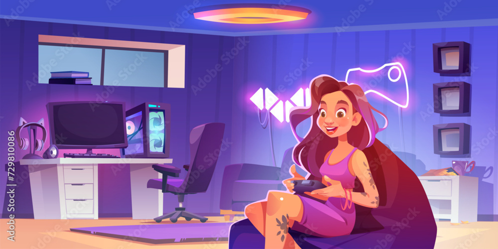 Young woman playing video game on console with gamepad. Cartoon vector ...