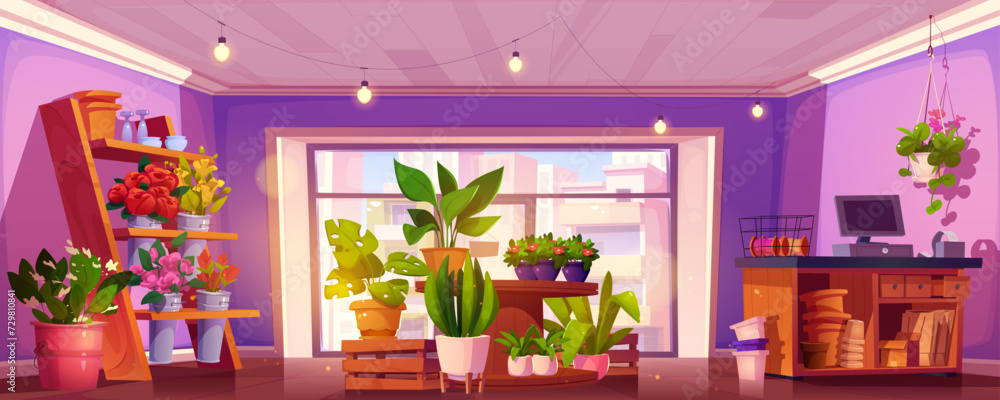 Flower shop interior with green plants in pot and bouquets in basket ...