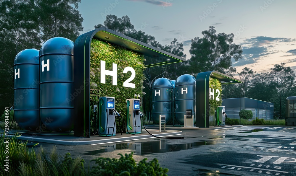 Hydrogen fuel tanks and charging stations adorned with H2 markings ...