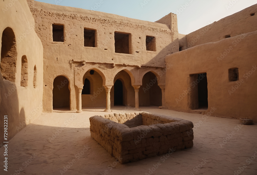 Sepia view of the inner courtyard of a traditional old Arabian adobe ...