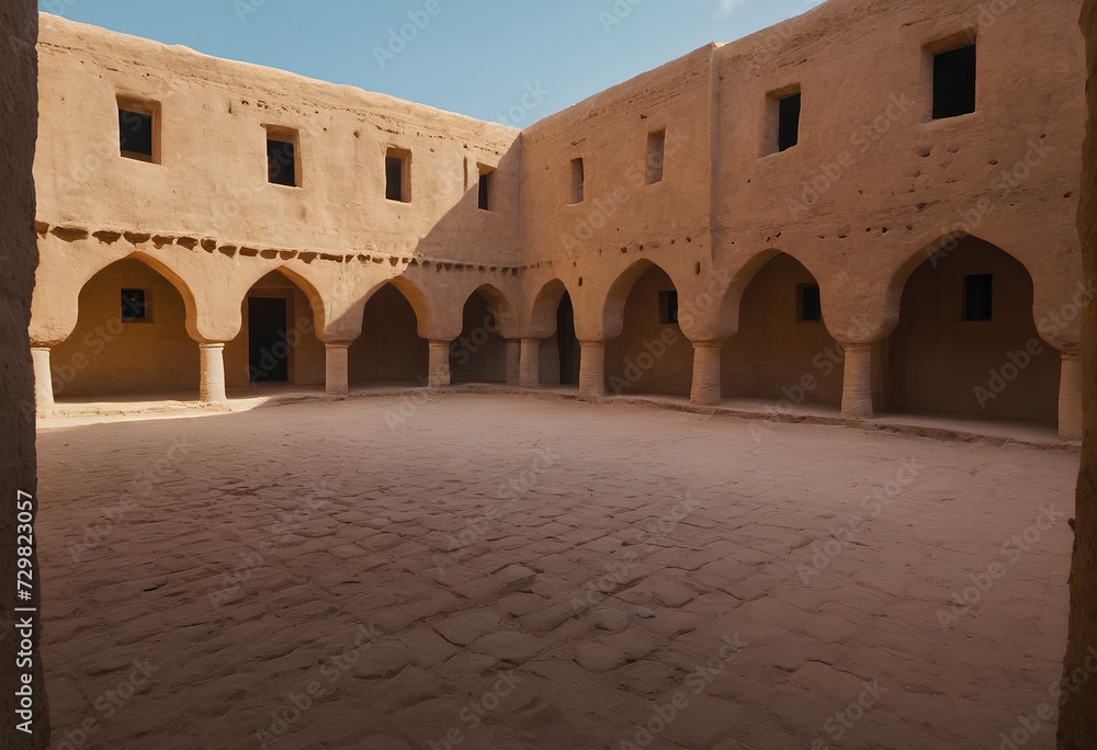 Sepia view of the inner courtyard of a traditional old Arabian adobe ...