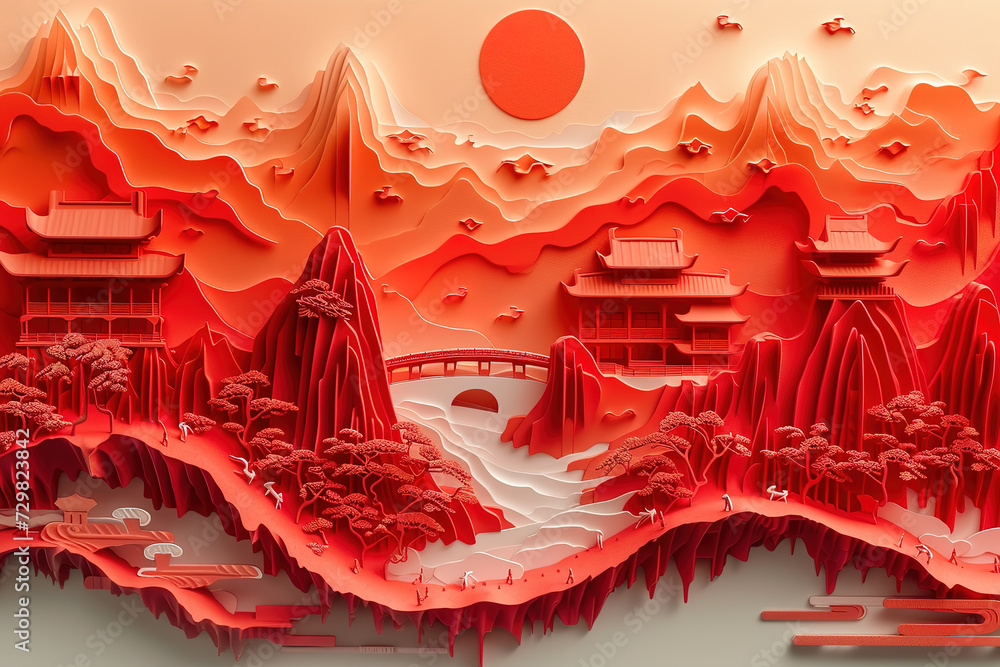Chinese style red Paper Cuttings landscape and ancient architecture ...