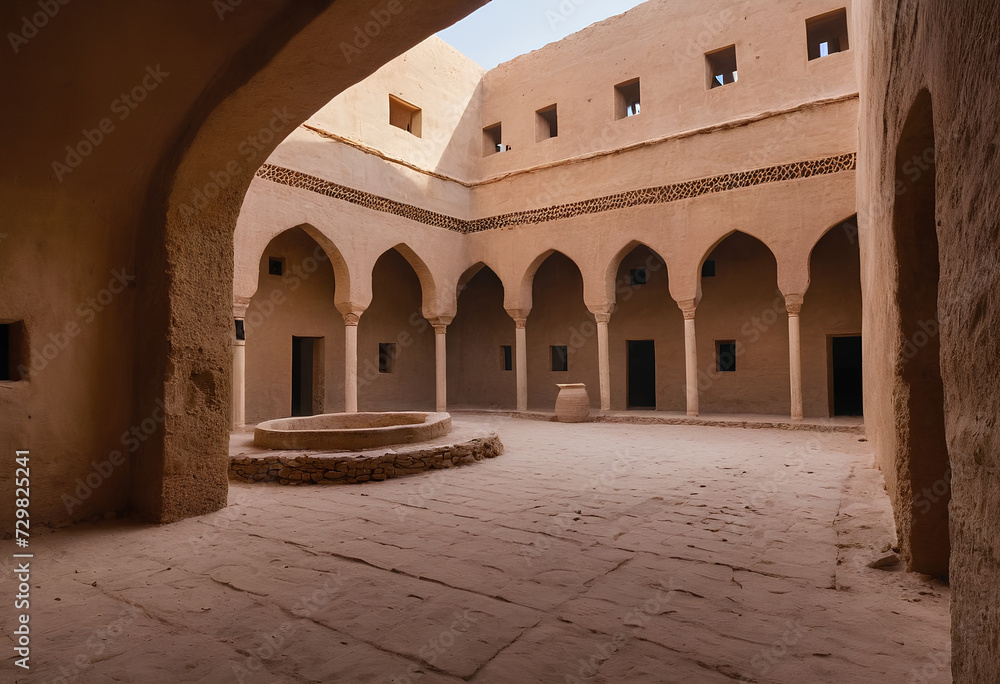 Sepia view of the inner courtyard of a traditional old Arabian adobe ...