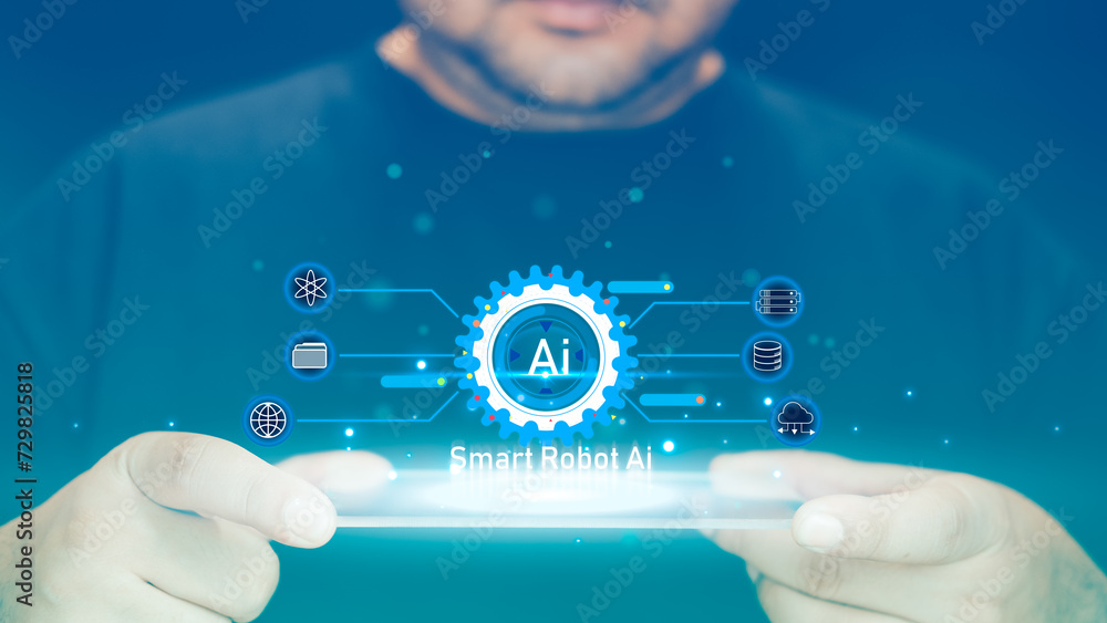 Men use artificial intelligence. Software technology AI to help and ...