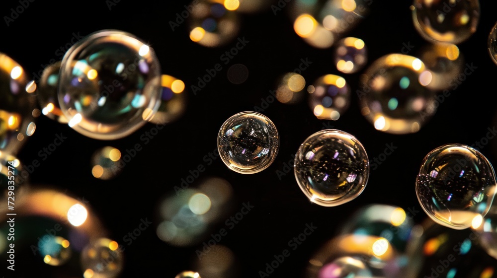 a group of bubbles floating on top of a black surface with lots of ...