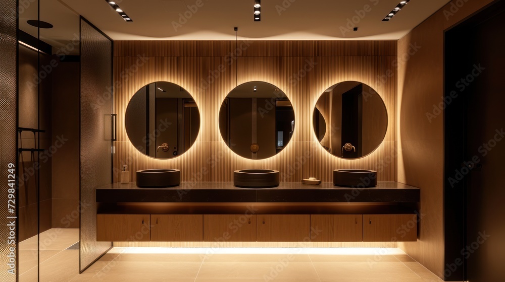 a bathroom with three round mirrors on the wall and three sinks in the ...