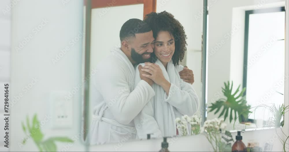 Mirror, laughing and hug with couple in bathroom of home together for ...