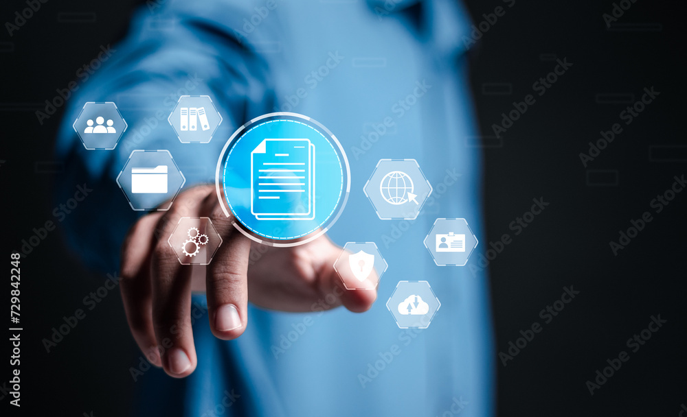DMS, Document Management System concept, Person touching virtual ...