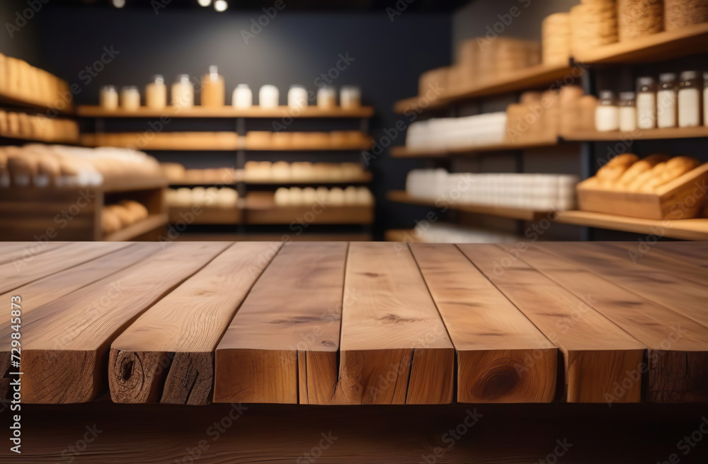 Empty table top with supermarket blurred defocused panorama, bokeh ...