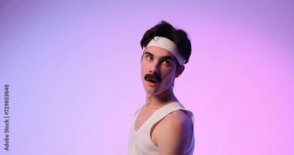 Displeased young freaky Caucasian 80s man rolling eyes and shaking head ...