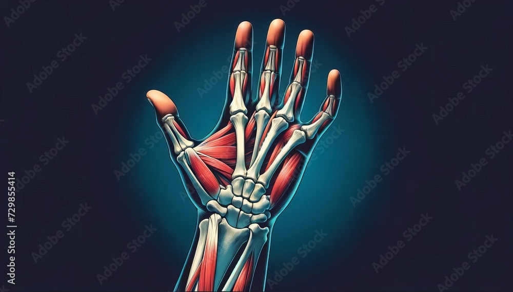 The human hand is semi-transparent, showing the bones and muscles ...