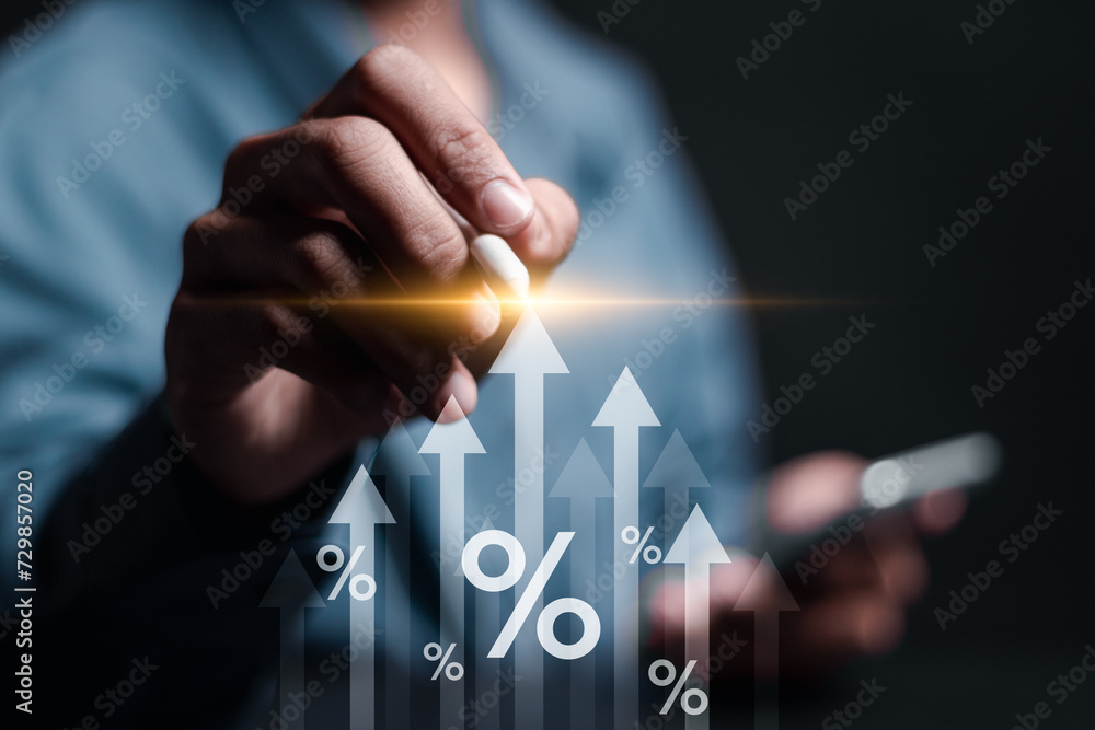 Interest rate and dividend concept, Person touching up arrow with ...