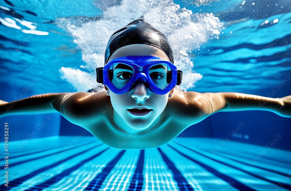 person snorkeling underwater. Boy 12 years old swimmer in a blue pool ...